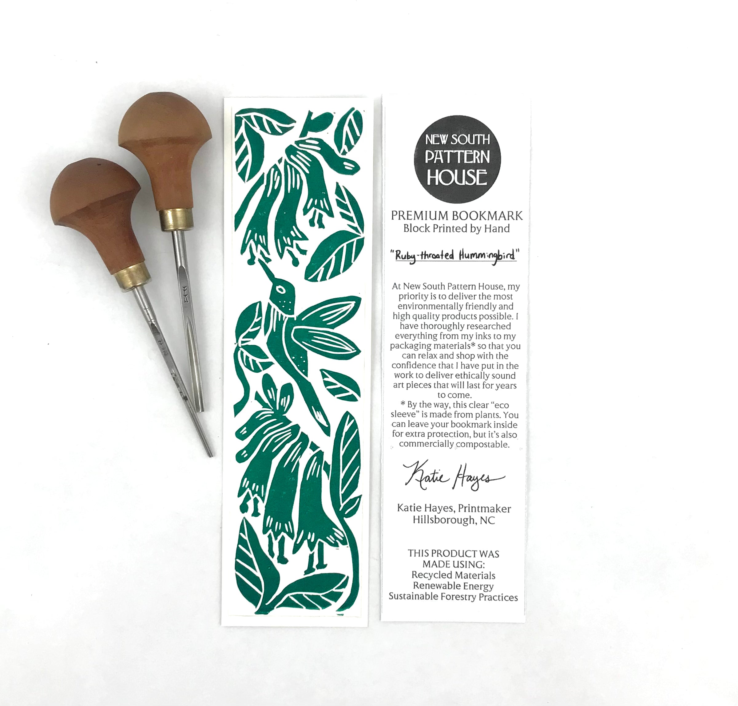 Block printed bookmark, “Ruby Throated Hummingbird” 2.25 x 8.5 inches ...